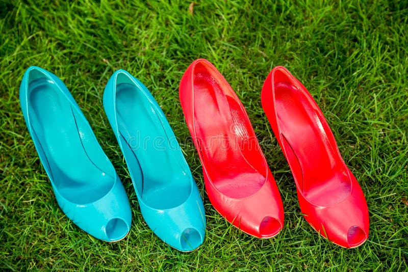 Women S Shoes in a Row Standing Position on the Grass Stock Image ...