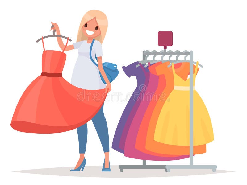 Women`s Shopping The Girl Is Trying On A New Dress In The Store Stock