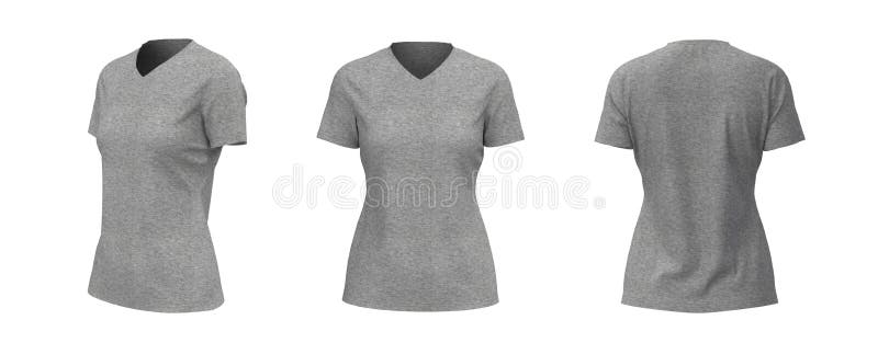 Women`s V Neck T Shirt Mockup Front Side And Back Views Stock