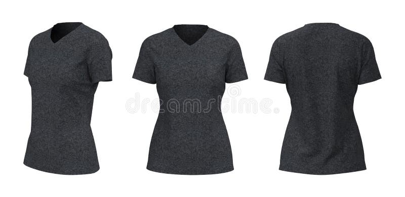 Women`s V Neck T Shirt Mockup Front Side And Back Views Stock