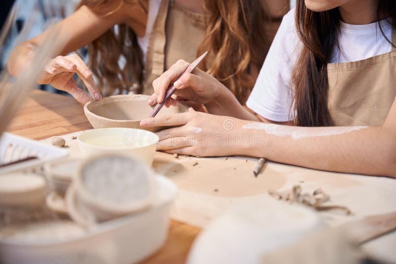 Women Sculptors Creating Ceramic Tableware in Pottery Studio Stock ...