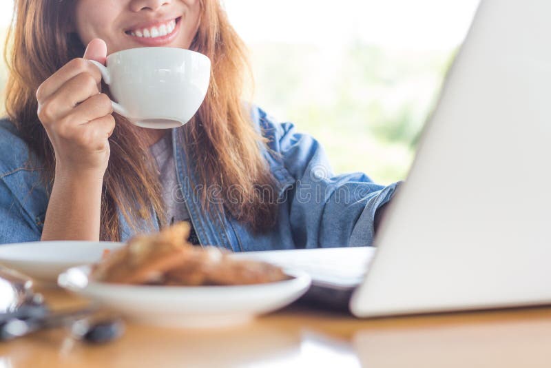 Women Smile Drink Coffee and Use Computer Stock Image - Image of rest ...