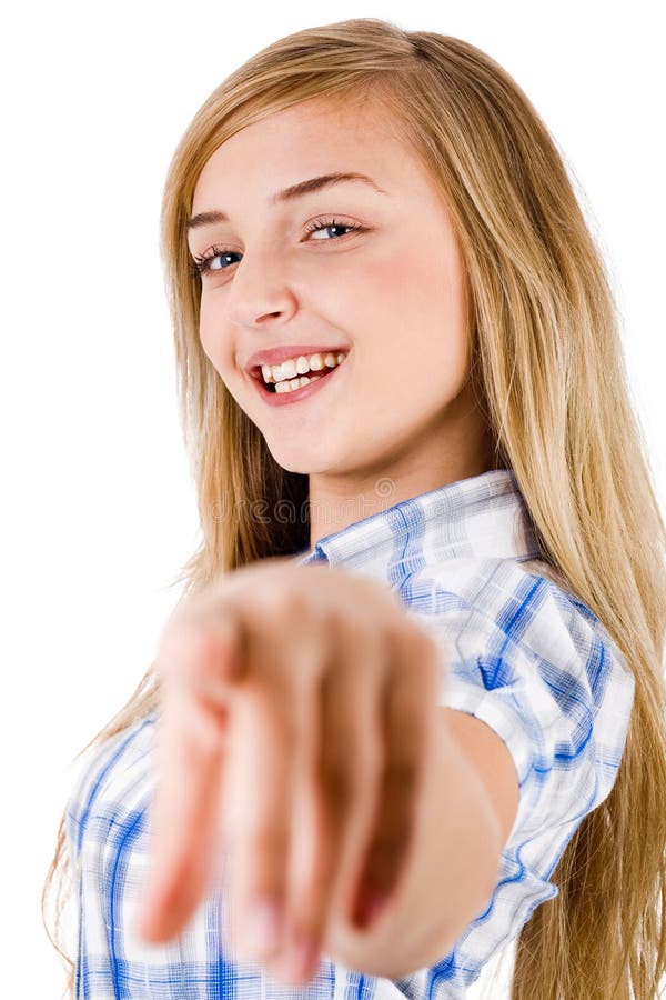 Women Smiling And Pointing At The Camera Stock Photo - Image of ...
