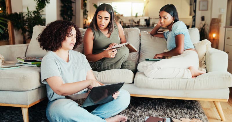 Women, Study Group and Laptop in Living Room for Learning, Project ...