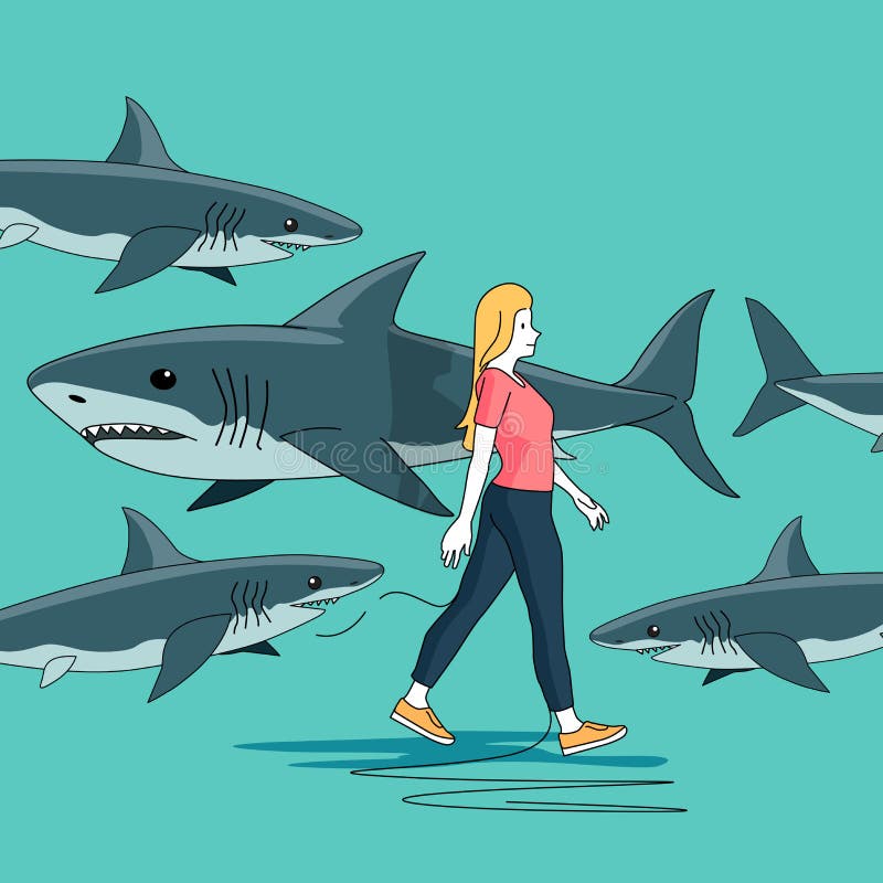 A Women Surrounded by Sharks Stock Vector - Illustration of cartoon ...