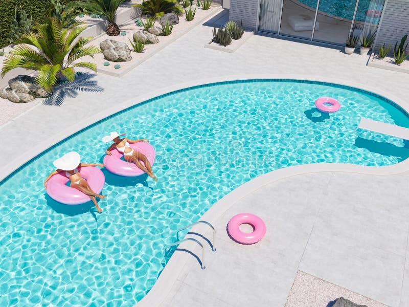 Women Swimming on Float in a Pool. 3d Rendering Stock Illustration ...