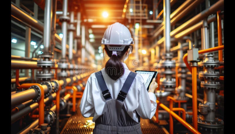 Women Technical Engineer with a Tablet Controls the Pressure System in ...