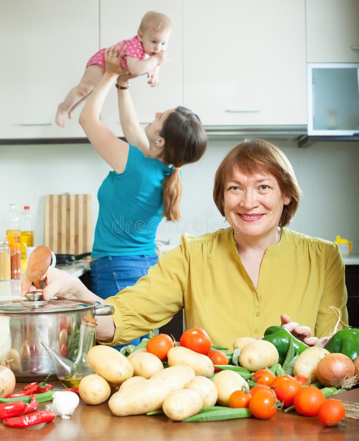 Women of Three Generations in Domestic Kitchen Stock Image - Image of ...