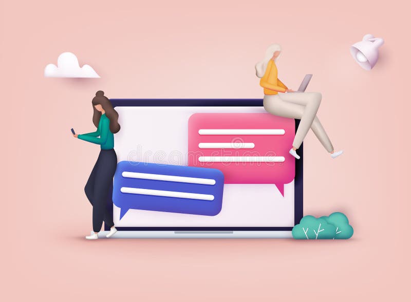 Women Use Mobile Smartphone and Laptop for Chatting in Social Media. 3D ...