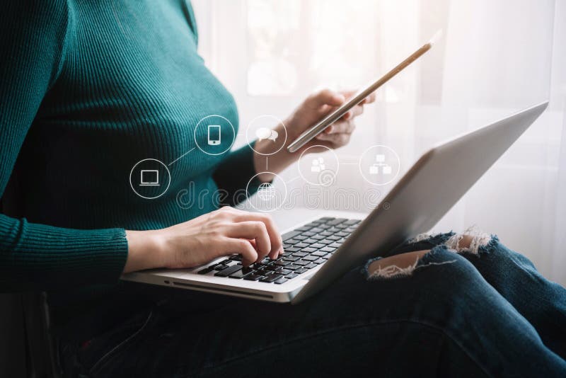 Women Use a Tablet and Work Computer. Stock Photo - Image of network ...