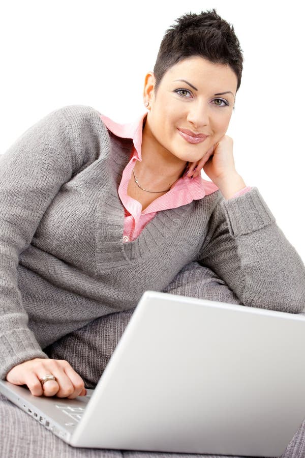 Women using computer stock photo. Image of gray, apartment - 9936052