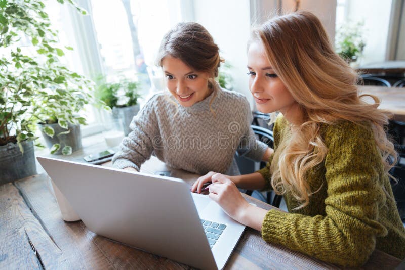 Women Using Laptop Computer in Restaurant Stock Photo - Image of ...