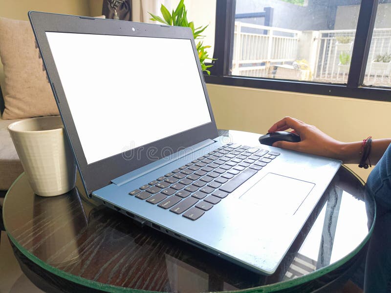 Women Using Laptop Computer Working at Home with Blank White Desktop ...