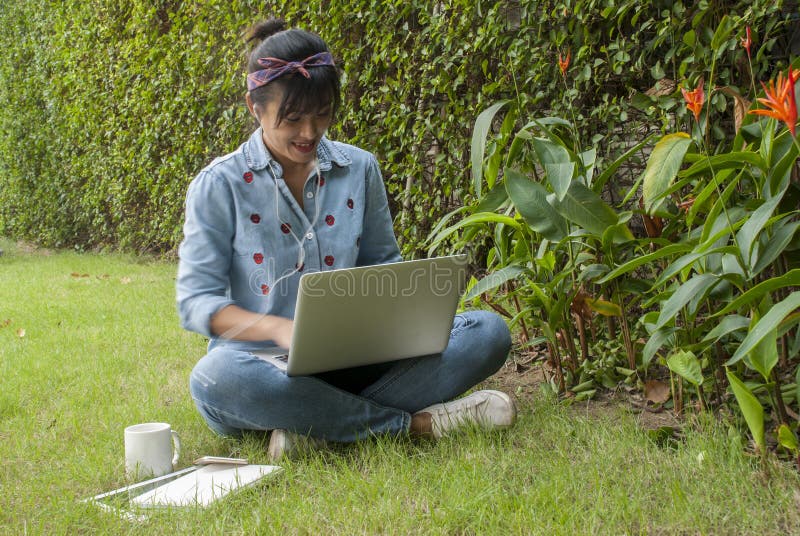 Women are Using Laptops in the Garden Stock Photo - Image of laptop ...
