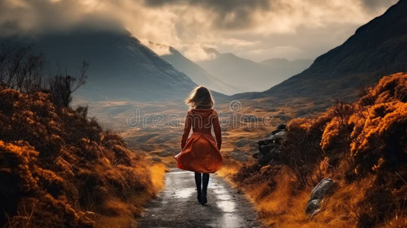 Women Walking Alone on the Road To the Mountains Stock Illustration ...