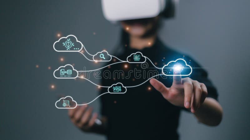 Women Wear VR Glasses and Access Cloud Technology Internet Network Data ...