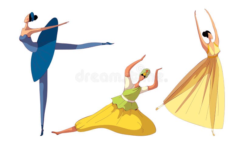 Women Wearing Dresses Performing Different Dances Vector Set Stock ...