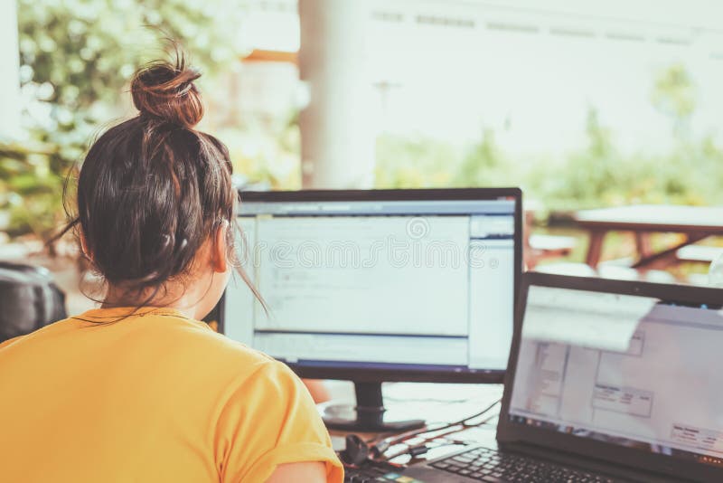 A Women Working with Computer for Design and Coding Program Stock Image ...