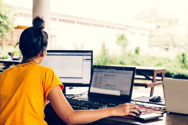 A Women Working with Computer for Design and Coding Program Stock Image ...