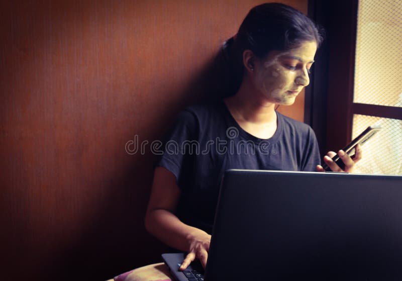Women Working on Laptop Work from Home , Applying Face Pack Stock Image ...