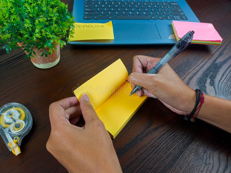 Women Write in Yellow Notes, Mock Up Yellow Notes. Women S Hands Write ...