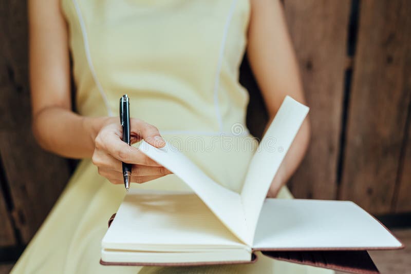 Women Writing Note Book on the Table Stock Image - Image of hand ...