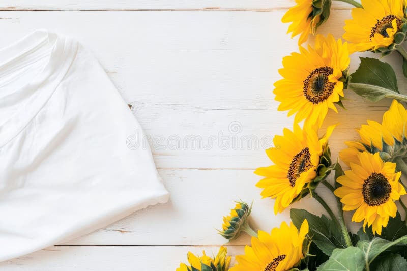 Womens Cotton T Shirt Mockup With Sunflowers On White Wooden Background