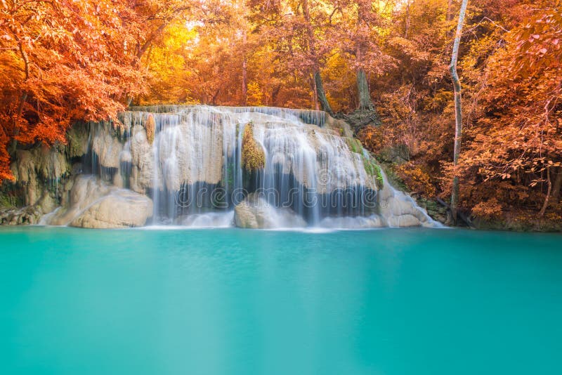 Wonder Waterfall in Deep Forest at Erawan Waterfall National Park Stock ...