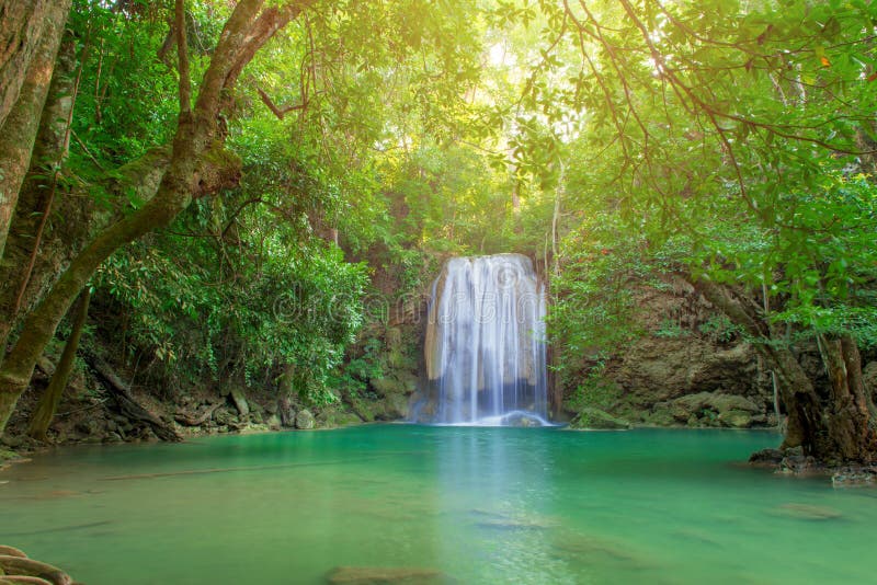 Wonder Waterfall in Deep Forest at Erawan Waterfall National Park Stock ...