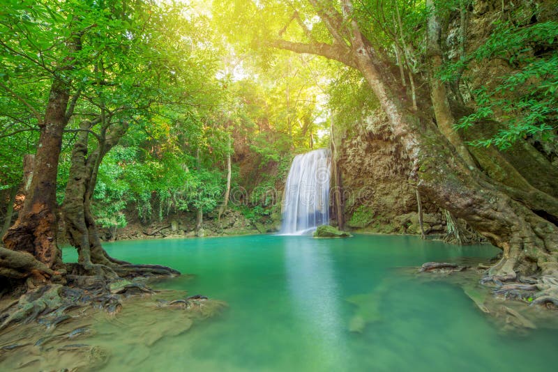 Wonder Waterfall in Deep Forest at Erawan Waterfall National Park Stock ...