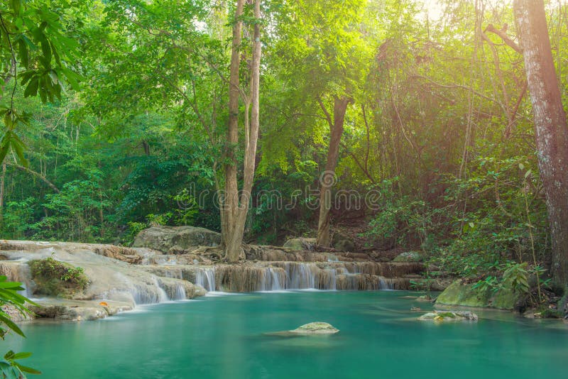 Wonder Waterfall in Deep Forest at Erawan Waterfall National Park Stock ...