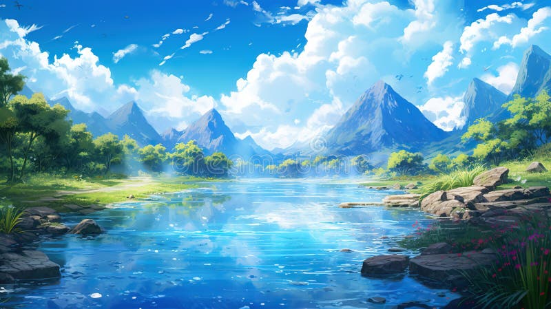 Wonderful Anime Landscape Artwork, Peaceful River Flowing Stock ...