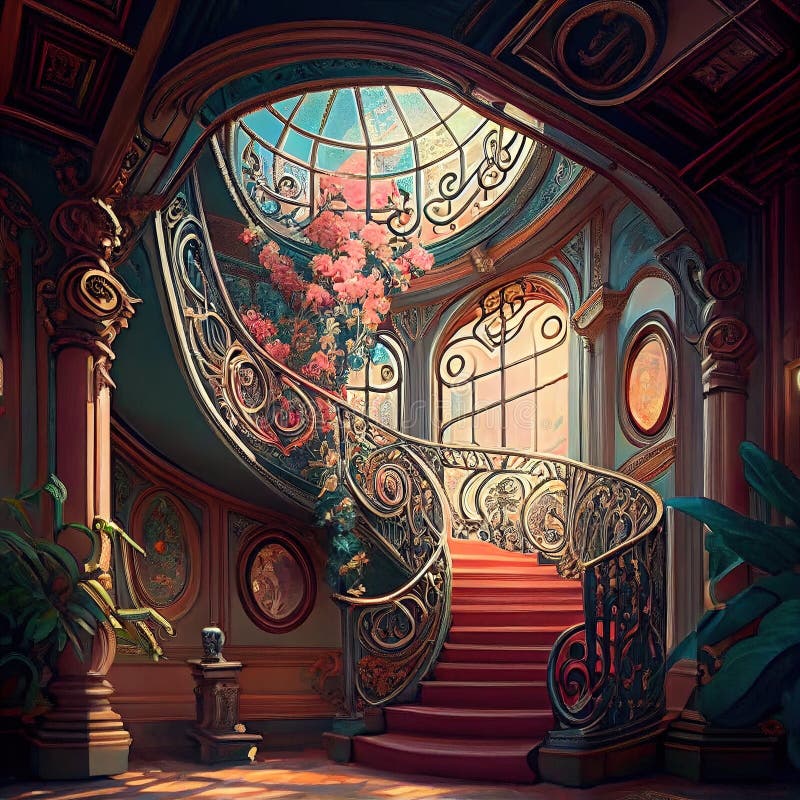 Wonderful Background Curved Staircase with Iron Railing Decorated ...