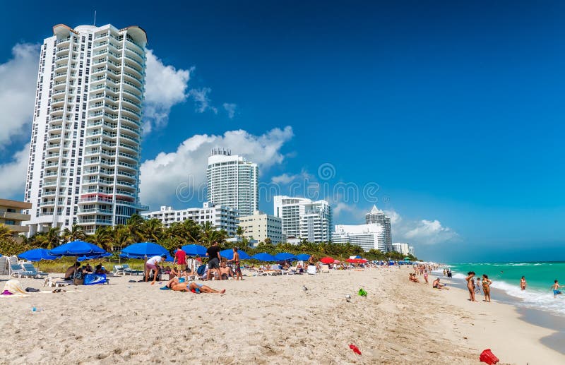 People On Miami Beach Relax On Sandy Beach A Beautiful Sunny Day On The ...