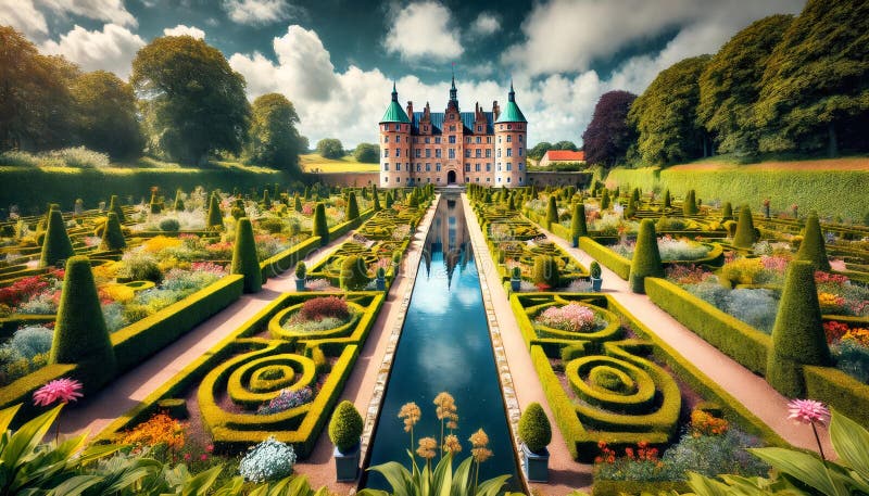 Egeskov Castle Reflecting on the Water of Its Majestic Garden Stock ...