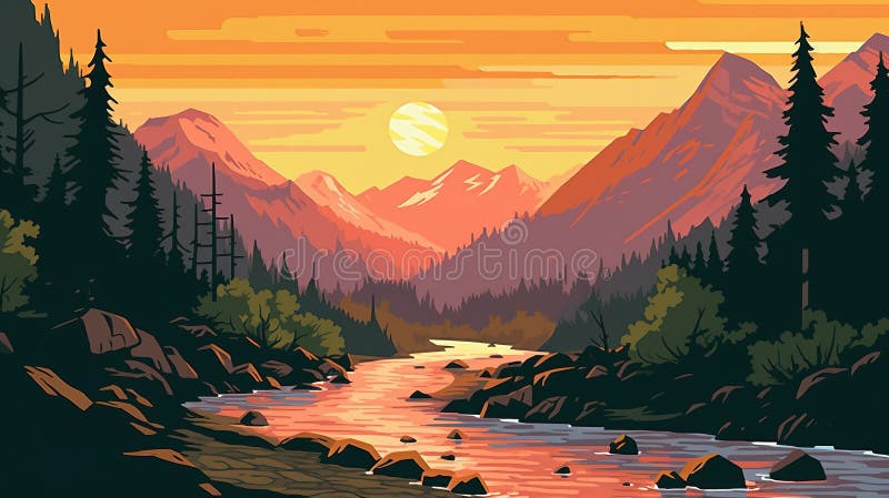A Wonderful Epic Inspired Sunste Artwork with a River and a Forest, Ai ...