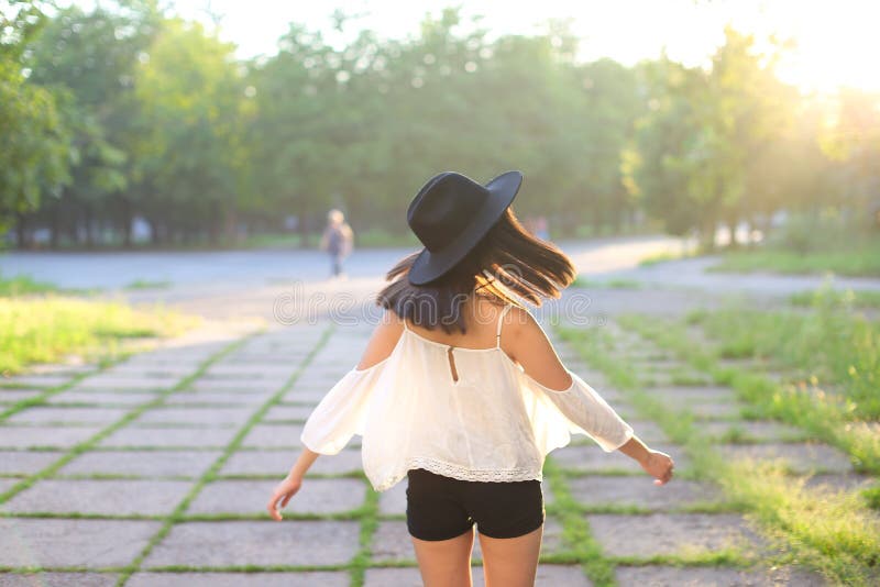 Wonderful Female Hat Asian Sunset Cheerful Emotions Laughter Stock