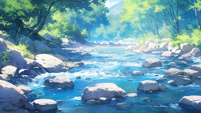 A Wonderful Peaceful River Flowing in a Forest, Anime Wallpaper Design ...