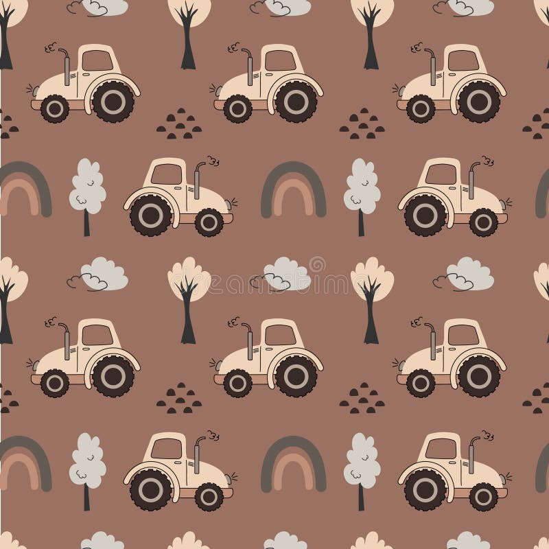 Wonderful Seamless Pattern for Kids, Boys with Tractors in Brown Tones ...