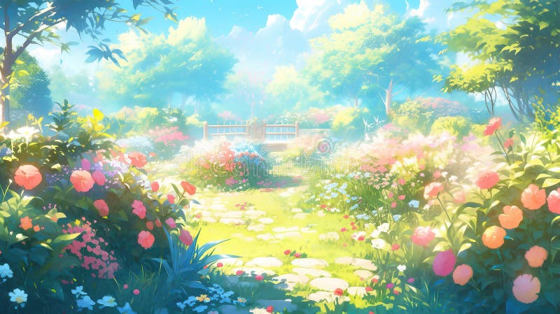 A Wonderful Shiny Garden Scenery in Anime Artstyle Stock Illustration ...