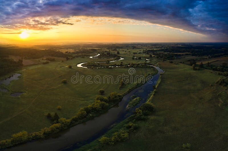 Wonderful Sunset Landscape, River Flows in the Meadow. Stunning ...