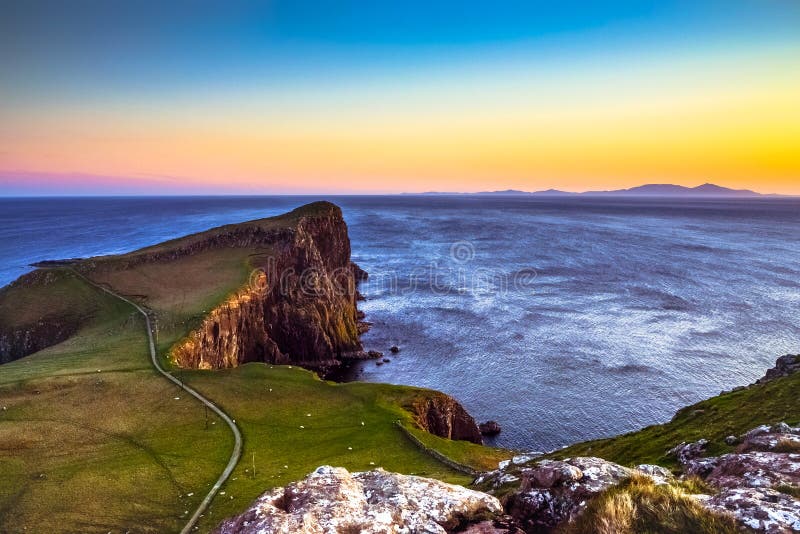 Wonderful Sunset at the Neist Point Lighthouse in Scotland Stock Image ...