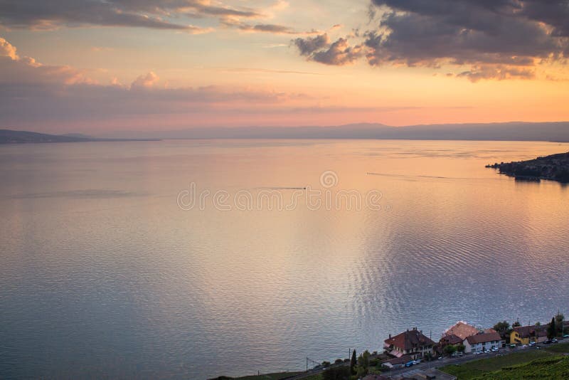 Sunset Over Geneva Lake, Switzerland Stock Image - Image of montreux ...