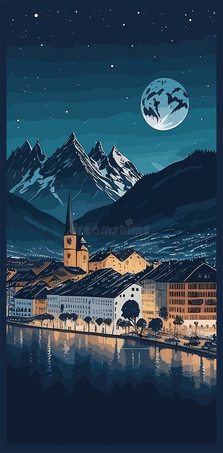 Switzerland Night View Poster Design Stock Image - Image of graphic ...