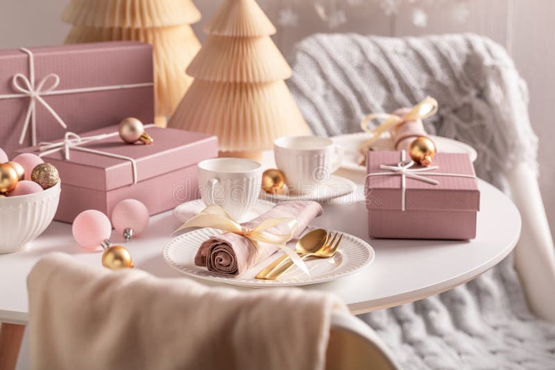 Wonderful Table Set for Christmas with Decorations and Baubles Stock ...