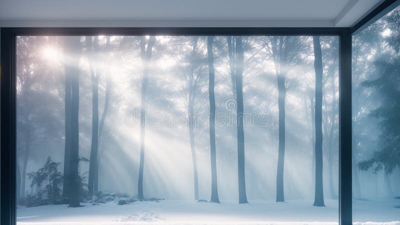 A Wonderful View of a Snowy Forest through a Window with a Bench AI ...