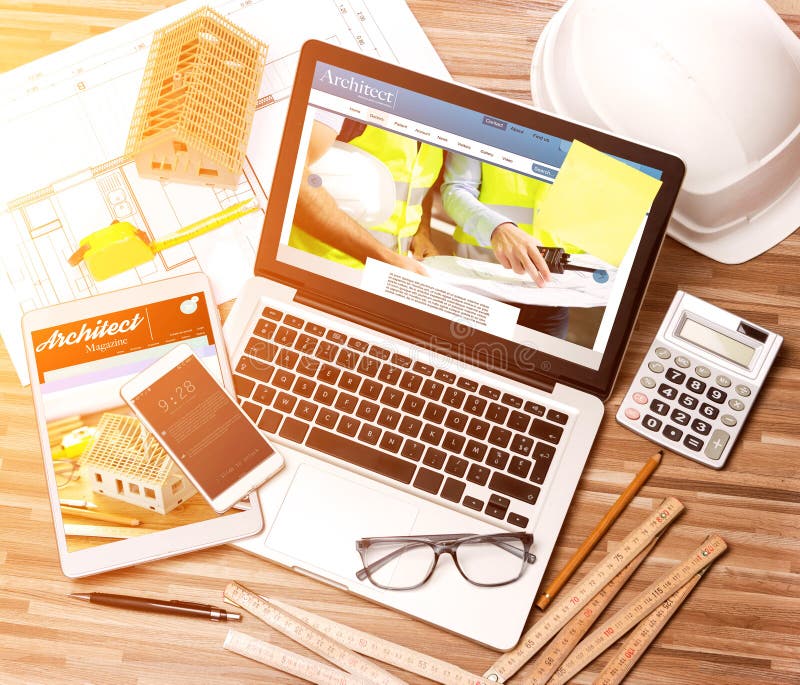 Wood Architect S Desk in High Definition with Laptop, Tablet and Stock ...