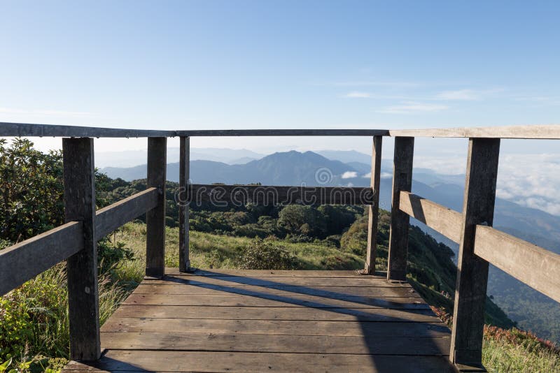 Wood Balcony with Mountain View in Morning Stock Image - Image of ...