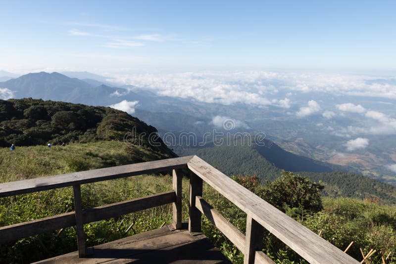 Wood Balcony with Mountain View in Morning Stock Image - Image of ...
