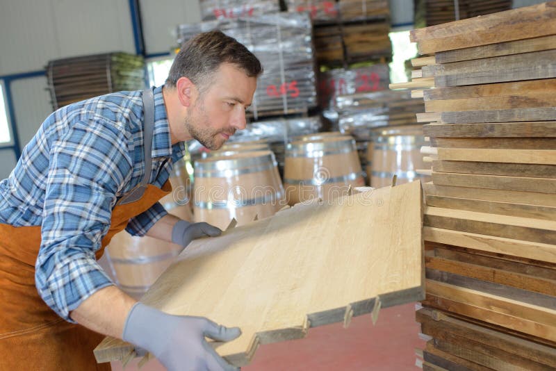 Wood Barrels Production Cooper Using Hammer and Tools in Workshop Stock ...